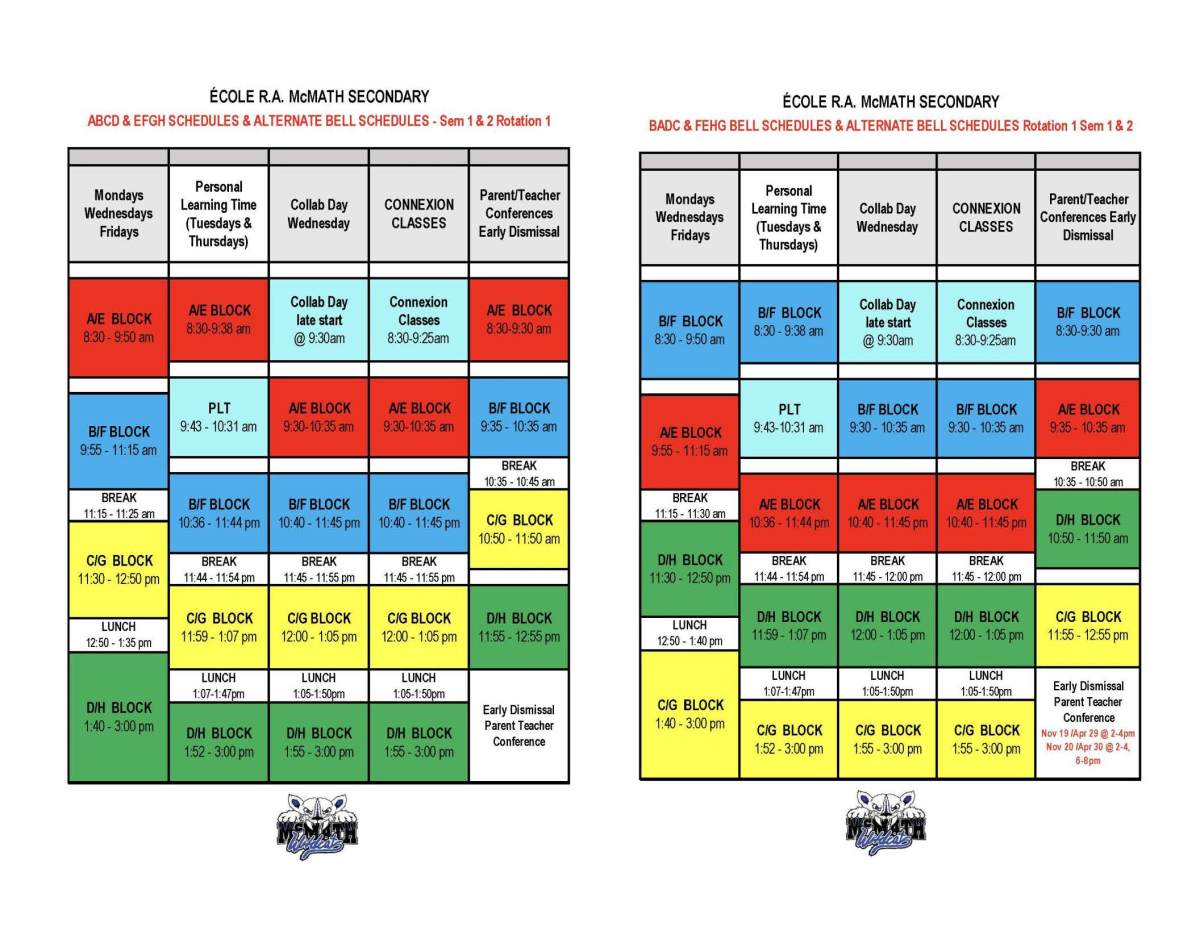 Bell Schedule | École Secondaire R.A. McMath Secondary School